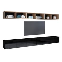 WOHNWAND Kossana 33 Modern Goldene Eiche/Schwarz 300/68/43 cm Stauraumwunder