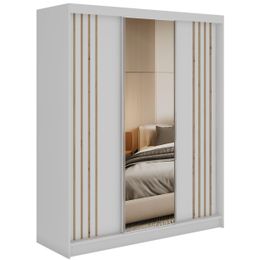 SCHWEBET&Uuml;RENSCHRANK mit Lamellen, Spiegel und Schubladen DIANA - 180 - Wei&szlig; und Eiche Artisan