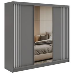 SCHWEBET&Uuml;RENSCHRANK mit Lamellen, Spiegel und Schubladen DIANA - 240 - Grau und Wei&szlig;