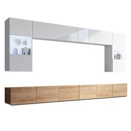 WOHNWAND Kossana 1 Modern Wei&szlig;, Goldene Eiche 300/154/43 cm Stilvoll