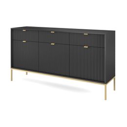 SIDEBOARD Eternas 3T 3S Schwarz 154/83/39 cm &ndash; goldene F&uuml;&szlig;e, mit geriffelten Fronten