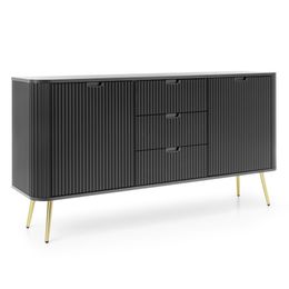 SIDEBOARD Salvia 2T 3S Schwarz, Gold 168/87/39 cm &ndash; mit geriffelten Fronten und hohen Beinen