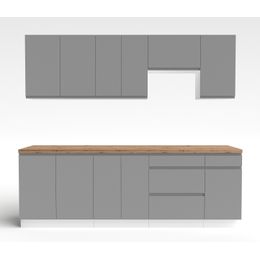 K&Uuml;CHENLEERBLOCK Aquileia 240 cm Grau mit Wei&szlig;em Korpus mit Arbeitsplatte Eiche Artisan