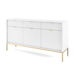 SIDEBOARD Eternas 3T 3S Wei&szlig; 154/83/39 cm &ndash; goldene F&uuml;&szlig;e, mit geriffelten Fronten