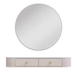 KONSOLENTISCH Halay Beige 2 Schubladen mit runden Kanten + Rund Spiegel 100 cm
