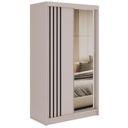 SCHWEBET&Uuml;RENSCHRANK mit Lamellen, Spiegel und Schubladen DIANA - 120 - Kaschmir und Schwarz