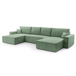 WOHNLANDSCHAFT Cedria Salbeigr&uuml;n 389/145/85 cm mit Schlaffunktion