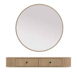 KONSOLENTISCH Halay Eiche Cremona 2 Schubladen mit runden Kanten + Rund Spiegel 100 cm