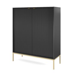 SIDEBOARD Eternas 2T Schwarz 104/125/39 cm &ndash; goldene F&uuml;&szlig;e, mit geriffelten Fronten