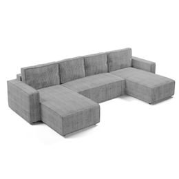 WOHNLANDSCHAFT Aydin U Form Hellgrau 338/169/85 cm Cord mit Schlaffunktion