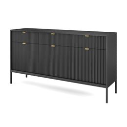 SIDEBOARD Eternas 3T 3S Schwarz 154/83/39 cm &ndash; schwarze F&uuml;&szlig;e, mit geriffelten Fronten