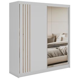 SCHWEBET&Uuml;RENSCHRANK mit Lamellen, Spiegel und Schubladen DIANA - 200 - Wei&szlig; und Eiche Artisan