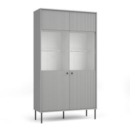 VITRINE Irelis 2T Grau 105,4/192,6/41 cm &ndash; mit geriffelten Fronten und Glast&uuml;ren, mit schwarzen Beinen