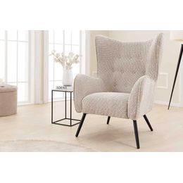 Riess Ambiente Design XL Sessel AMSTERDAM greige Boucl&eacute; schwarze Metallbeine Retro Stil Riess-Ambiente