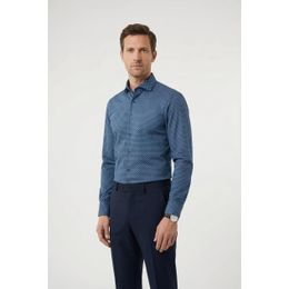 Langarmhemd OLYMP "Level Five", Herren, Gr. 39, N-Gr, blau (marine), Web, Obermaterial: 64% Baumwolle, 27% Polyester, 9% Elasthan, normal, 2-Knopf-Manschette, Hemden, gemustert, body fit, Kentkragen, Businesshemd, Climate Control