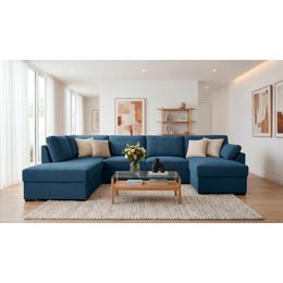 Wohnlandschaft Home Affaire "Citry", blau (dunkelblau), B:309cm H:88cm T:224cm, 100% polyester, Sofas, Wohnlandschaft, Breite 309 cm, Chenille, Bettfunktion, Bettkasten, U-Form