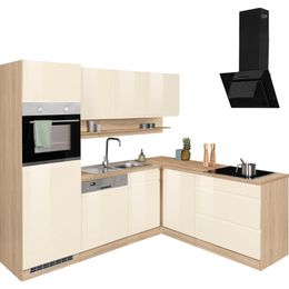 Winkelk&uuml;che KOCHSTATION "K&uuml;chen, K&uuml;chenschr&auml;nke, K&uuml;chenzeilen, K&uuml;che, Zeile, Einbauk&uuml;che", beige (k&uuml;che: natur, front: creme hochglanz, korpus: eiche sonoma, arbeitsplatte: eiche sonoma), B:230cm H:200cm T:60cm, Komplettk&uuml;chen-Sets, Stellbreite 230/190 cm, ohne E-Ger&auml;te