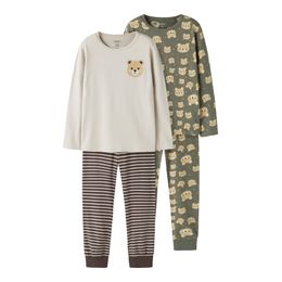 Schlafanzug name it "NMMNIGHTSET 2P AOP NOOS", Jungen, Gr. 110/116, braun (dusty olive), Jersey, Obermaterial: 95% Baumwolle, 5% Elasthan, bedruckt, geringelt, gestreift, unifarben, Basic lang, Rundhals, Homewear-Sets Schlafanzug