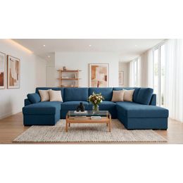 Wohnlandschaft Home Affaire "Citry", blau (dunkelblau), B:309cm H:88cm T:224cm, 100% polyester, Sofas, Wohnlandschaft, Breite 309 cm, Chenille, Bettfunktion, Bettkasten, U-Form
