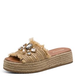 Pantolette Tamaris, Damen, Gr. 39, beige, Textil, geflochten, Schuhe Pantolette, Plateau, Schl&uuml;pfschuh, Sommerschuh mit funkelnden Schmucksteine