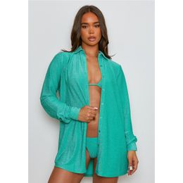Langarmbluse MODA MINX "Lumiere", Damen, Gr. L, blau (t&uuml;rkis), 85% Polyester, 8% Elasthan, 7% Metall, unifarben, lang, ohne Ausschnitt, Blusen, mit tollem Schimmer