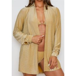 Langarmbluse MODA MINX "Lumiere", Damen, Gr. M, gold (goldfarben), 85% Polyester, 8% Elasthan, 7% Metall, unifarben, lang, ohne Ausschnitt, Blusen, mit tollem Schimmer