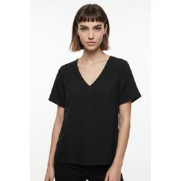 V&eacute;ro Moda Blusenshirt VERO MODA "VMMYMILO S/S V-NECK TOP WVN GA", Damen, Gr. S, schwarz, Jersey, Obermaterial: 55% Viskose, 45% Leinen, unifarben, regular fit normal, V-Ausschnitt, Shirts Blusenshirt, mit klassischem Schnitt