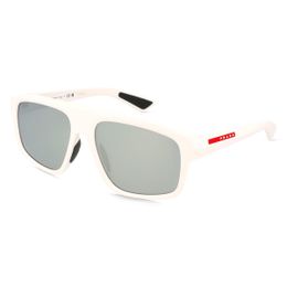 Prada Linea Rossa 0PS B02S | Herren-Sonnenbrille | Fassung: Vollrand, Geometrisch, Kunststoff, Wei&szlig; Matt | Glasfarbe: Blau Spiegel Silber