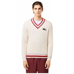 Lacoste - Pullover Top f&uuml;r Herren/Damen Unisex, Gerippter &Auml;rmelaufschlag, Mit Zopfmuster, Regul&auml;r (Cremefarbe/Rot)