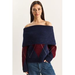 Madonna-Kragen Strickpullover mit Baklava-Muster