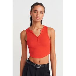 Damen Rippstruktur Cropped Bluse mit Kn&ouml;pfen