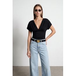 Schlanke Passform V-Ausschnitt Bluse mit Krawatten Detail