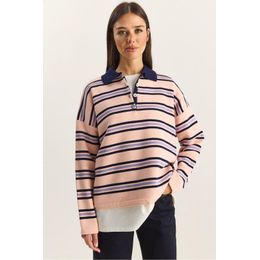 Gestreifter Polo-Kragen Knopf-Pullover