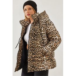 Dicker Leopardenmuster Pufferjacke mit Rei&szlig;verschlusskragen