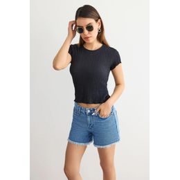 Kurzarm Rundhals Cropped Top aus strukturiertem, gedrehtem Stoff