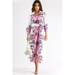 Blumenkleid mit G&uuml;rtel in Midi-L&auml;nge