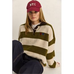 &Uuml;bergro&szlig;er gestreifter Polo-Kragen-Pullover mit Stickerei