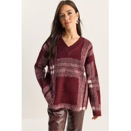 Kariertes V-Ausschnitt Langarm-Strickpullover