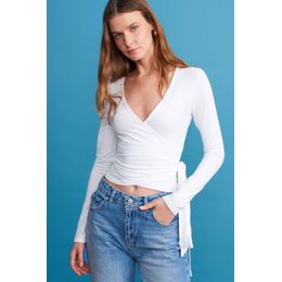 Damen Crop-Wrap-Bluse mit Bindeband