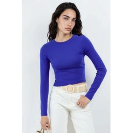 Slim Fit Lang&auml;rmliges Cropped Top mit Rundhalsausschnitt