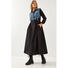 Strukturierter Gabardine-Maxi-Kleid mit Hemdkragen und Knopfverschluss