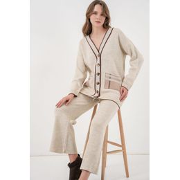 Taschen, detaillierter V-Ausschnitt Cardigan und weit geschnittene Hose Set