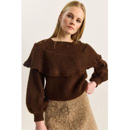 Rippstrick Bootsausschnitt dicker Pullover mit R&uuml;schen-Detail