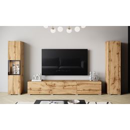 Wohnwand Home Affaire "BERLIN III, Vitrine T&uuml;rschlag links/rechts wechselbar", braun (eichef votan), B:260cm H:130cm T:33cm, Kastenm&ouml;bel-Sets, Wohnwand, moderne grifflose Mediawand Breite 260 cm, Vitrine mit Verglasung