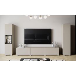 Wohnwand Home Affaire "BERLIN III, Vitrine T&uuml;rschlag links/rechts wechselbar", beige (kaschmir), B:260cm H:130cm T:33cm, Kastenm&ouml;bel-Sets, Wohnwand, moderne grifflose Mediawand Breite 260 cm, Vitrine mit Verglasung