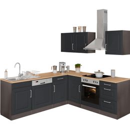 Winkelk&uuml;che KOCHSTATION "KS-Stockholm", grau (k&uuml;che: grau, front: grau, korpus: grafitfarben, arbeitsplatte: eichefarben sonoma), B:220cm T:60cm, Komplettk&uuml;chen-Sets, L-K&uuml;che, Stellbreite 220x220 cm, wahlweise mit E-Ger&auml;ten, MDF-Fronten