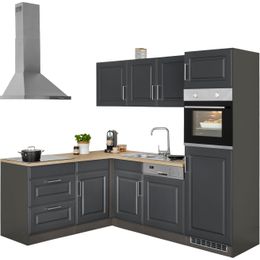 Winkelk&uuml;che KOCHSTATION "KS-Stockholm", grau (k&uuml;che: grau, front: grau, korpus: grafitfarben, arbeitsplatte: eichefarben sonoma), B:230cm H:200cm T:60cm, Komplettk&uuml;chen-Sets, L-K&uuml;che, Stellbreite 230x170 cm, wahlweise mit E-Ger&auml;ten, MDF-Fronten