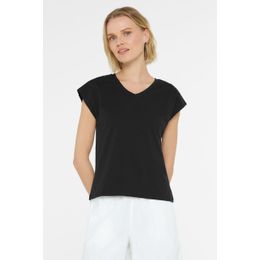 Rundhalsshirt SENSES.THE LABEL, Damen, Gr. L, schwarz, Single Jersey, Material: 95% Baumwolle, 5% Elasthan, bedruckt, regular fit normal, Rundhals, angeschnitten gerader Abschluss, Shirts Rundhalsshirt, mit &uuml;berschnittenen Schultern