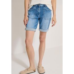 Jeansshorts Cecil "Style Tracey", Damen, Gr. 32, N-Gr, blau (mid blau wash), Web, Obermaterial: 86% Baumwolle, 12% Polyester, 2% Elasthan. Futter: 52% Polyester, 48% Baumwolle, ca. Mitte Oberschenkel, Jeans Jeansshorts, mit Aufschlag, aufgesetzte Taschen, schmales Bein