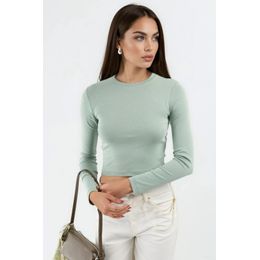 Slim Fit Lang&auml;rmliges Cropped Top mit Rundhalsausschnitt